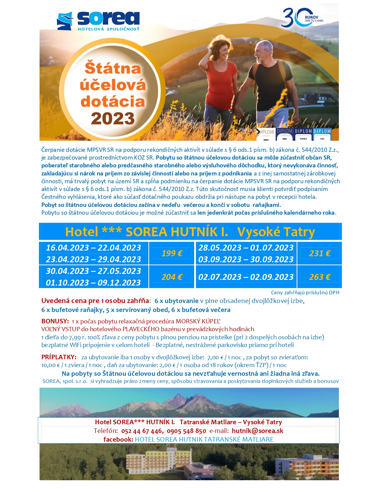 Štátna účelová dotácia v hoteli SOREA HUTNÍK | Sorea